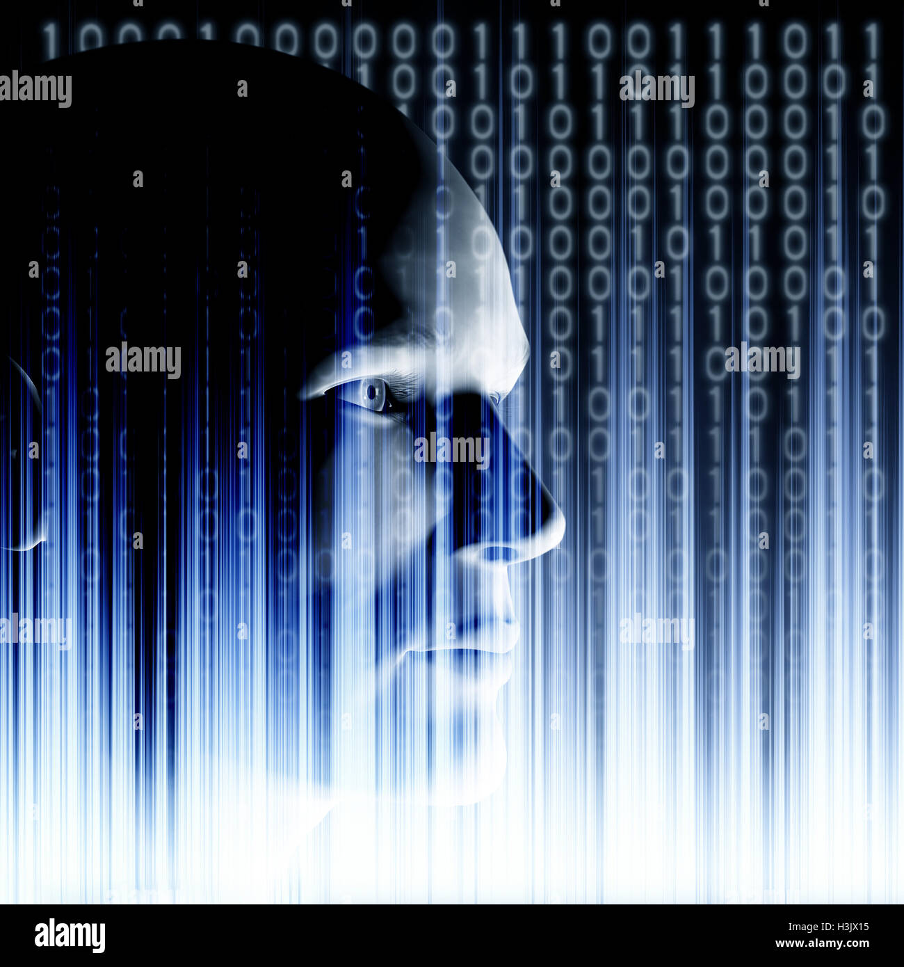 humanoid head and binary digits, technological singularity and human ...