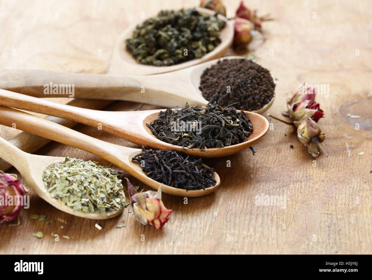 various types of tea in a wooden spoon Stock Photo - Alamy