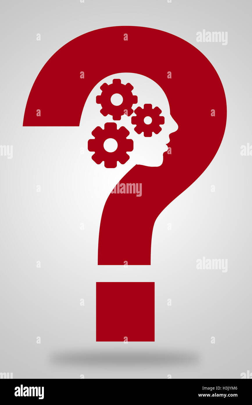 Question mark with gears and head as thinking concept Stock Photo - Alamy