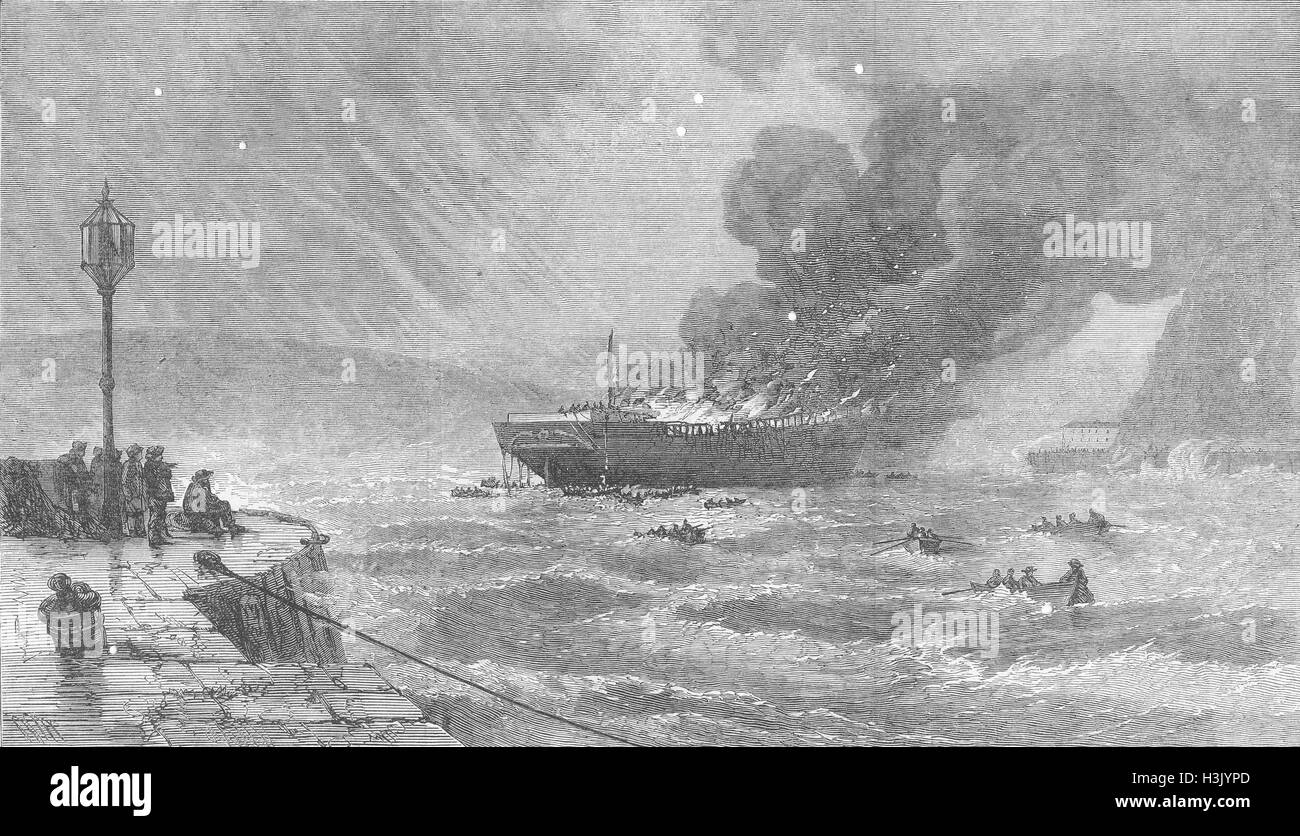 DEVON American ship Wallace ablaze in Torbay 1873. Illustrated London ...