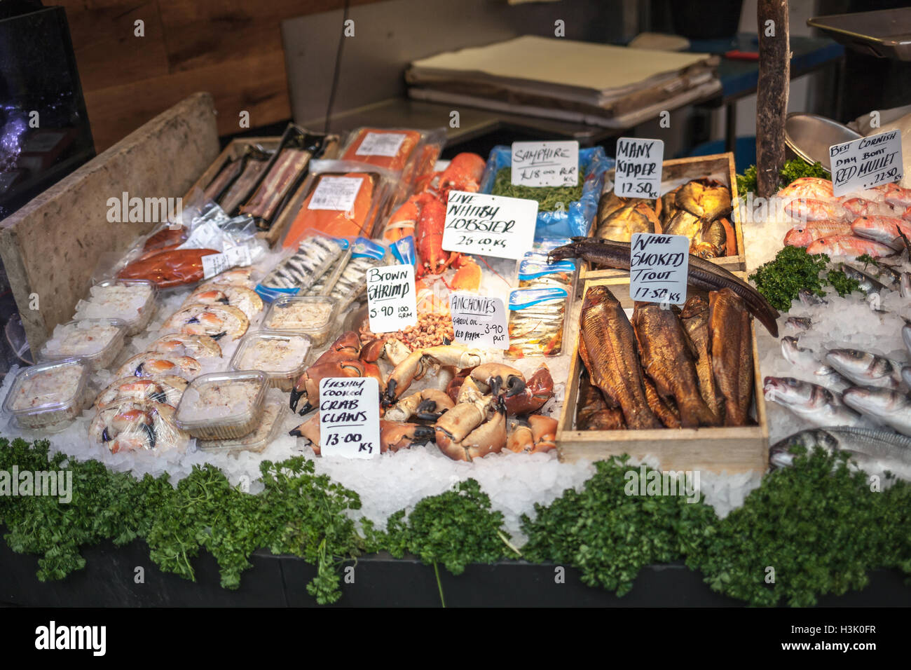 fresh fish and smoked fish stand on Borough market in London UK Stock ...