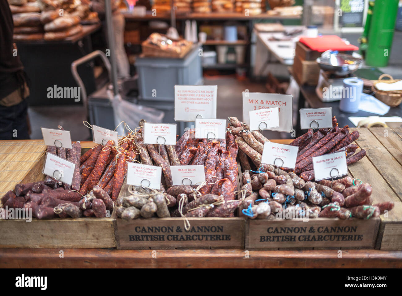 Borough Market, London UK.Dried Sausage cannon&cannon assortment Stock ...