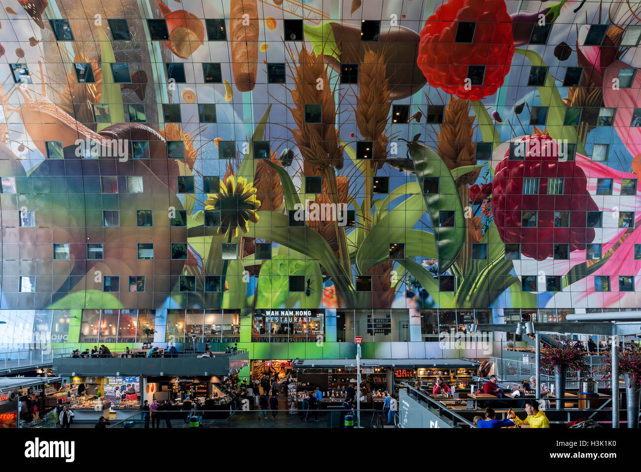View into market hall with stalls and customers. Market Hall Rotterdam ...