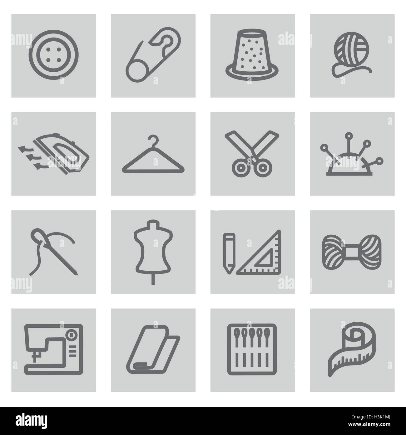 Vector black line sewing icons set on grey background Stock Vector ...