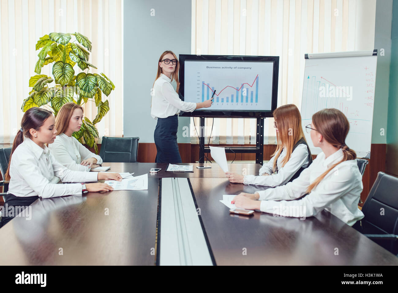 Manager presenting business activity plan to his colleagues Stock Photo ...