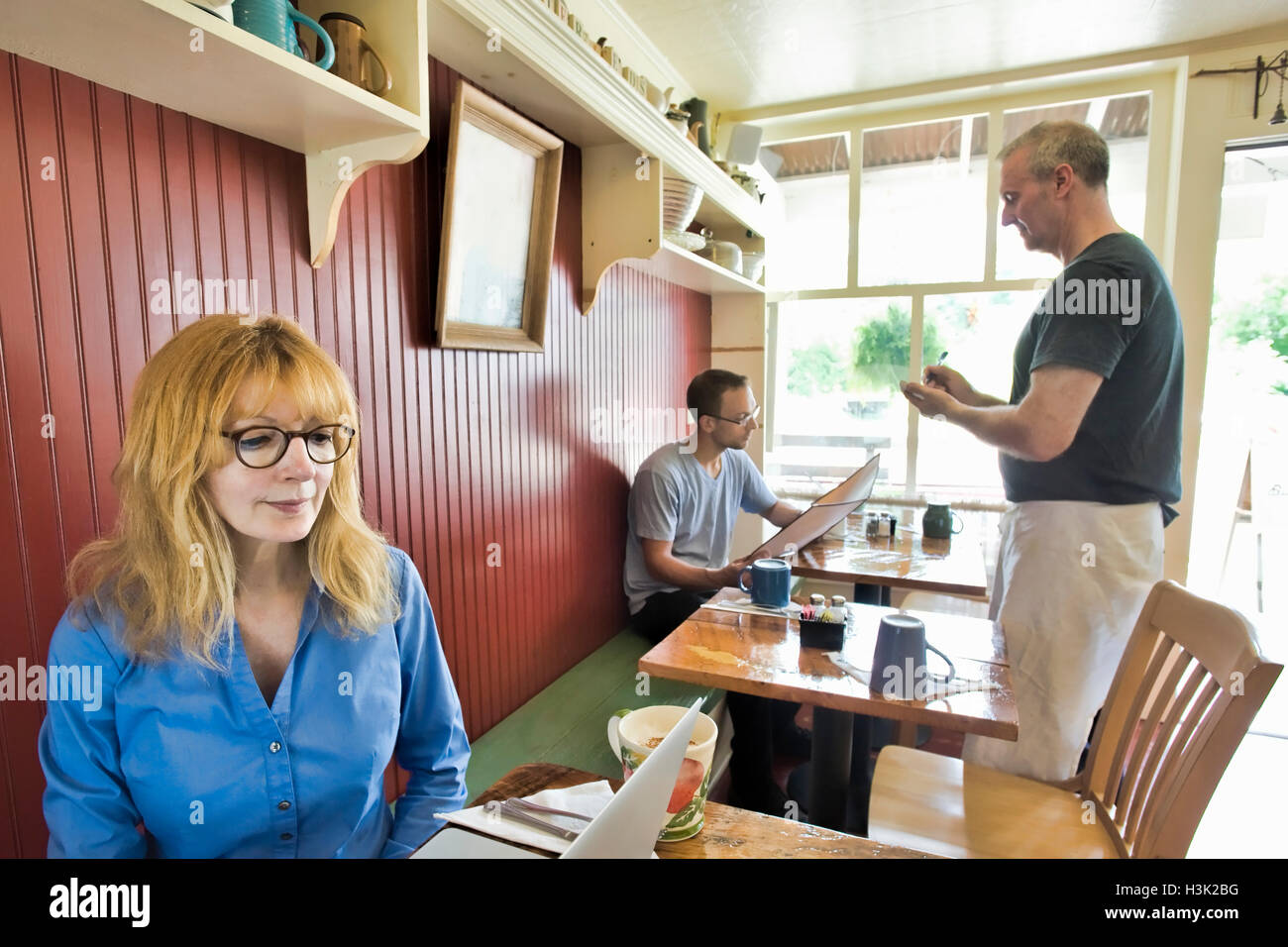 Woman using laptop in cafe Stock Photo - Alamy