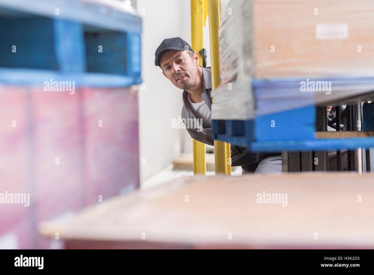 Forklift driver loading pallet onto truck at packaging factory Stock ...