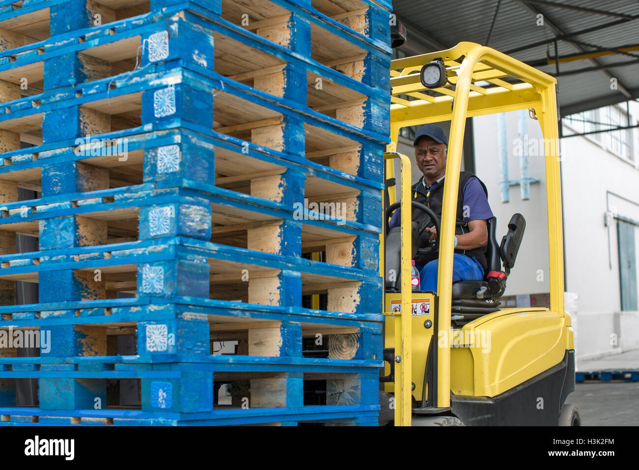 Forklift driver loading stacked pallets at packaging factory Stock ...