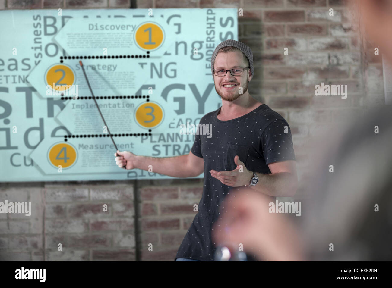 Young man making presentation in meeting Stock Photo - Alamy