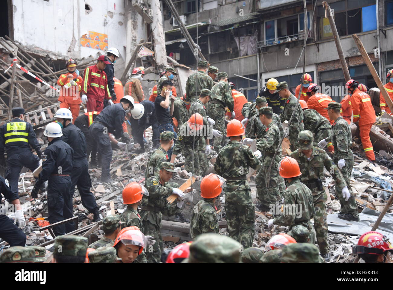 Wenzhou. 10th Oct, 2016. Rescuers work at the accident site after ...