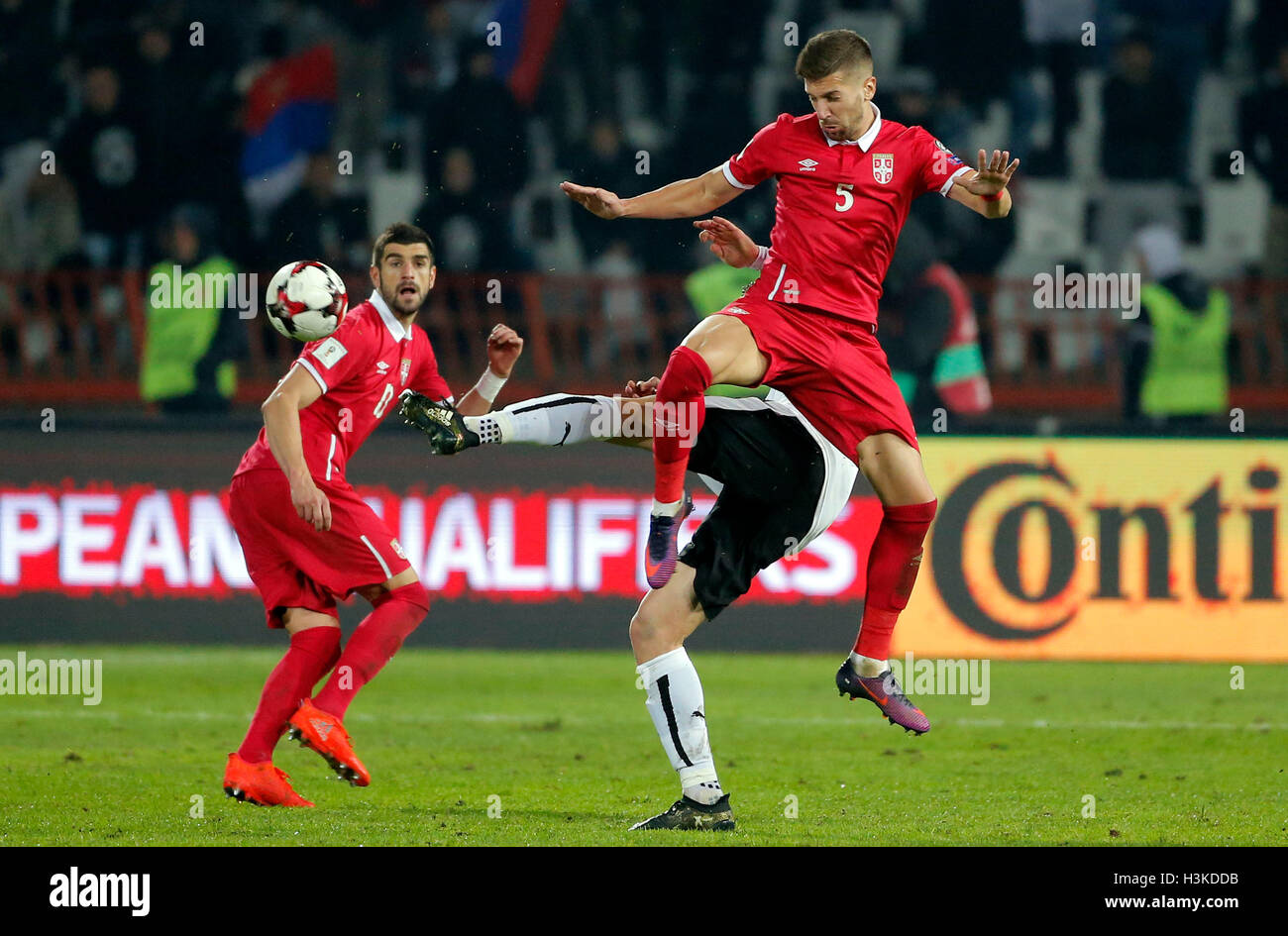 Belgrade. 9th Oct, 2016. Serbia's Matija Nastasic (R) and Stefan ...