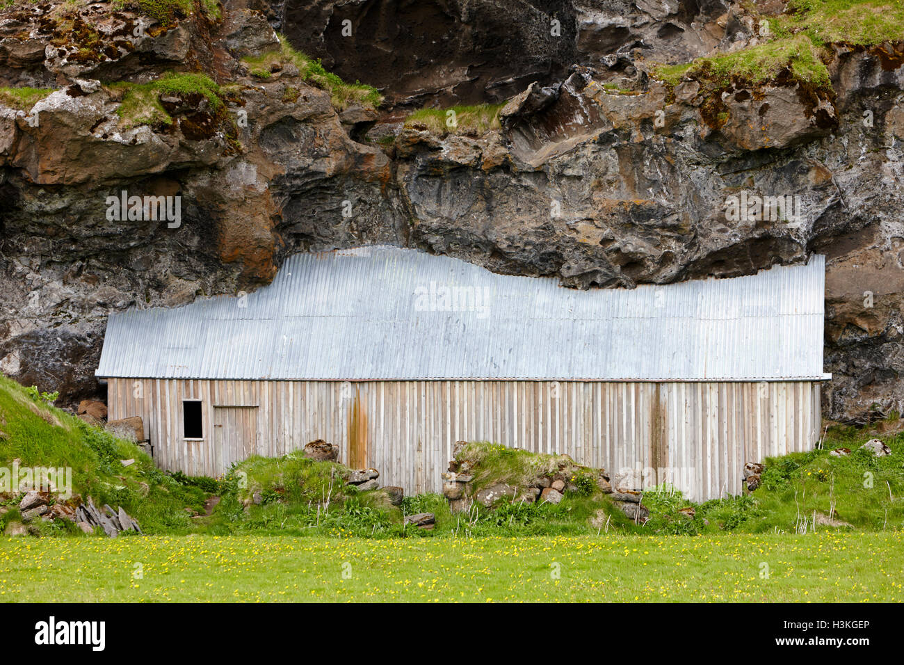metal roofed wooden barn built into rock face for protection iceland ...