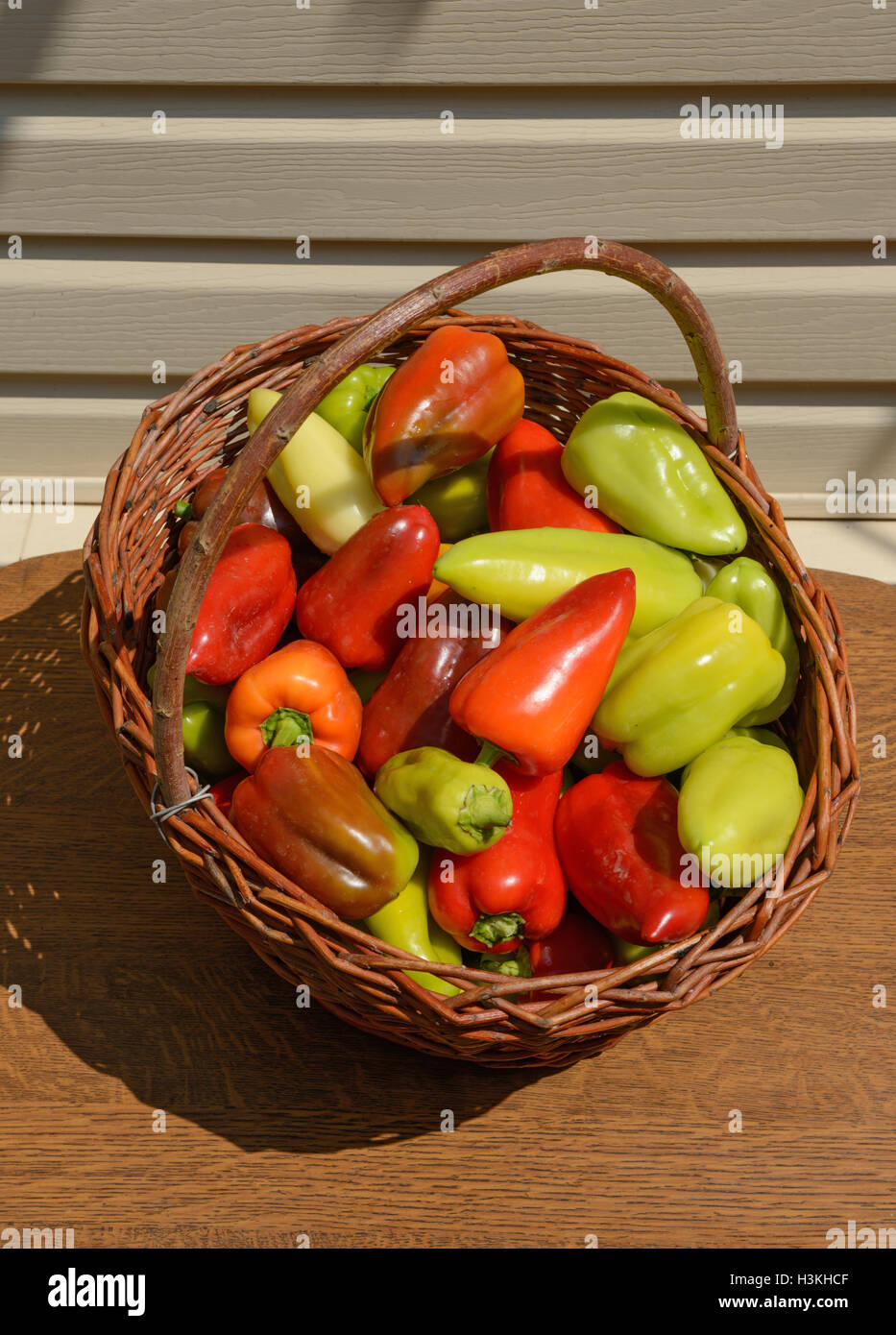 Close-up of wicker basket full of sweet pepper of bright colors in ...