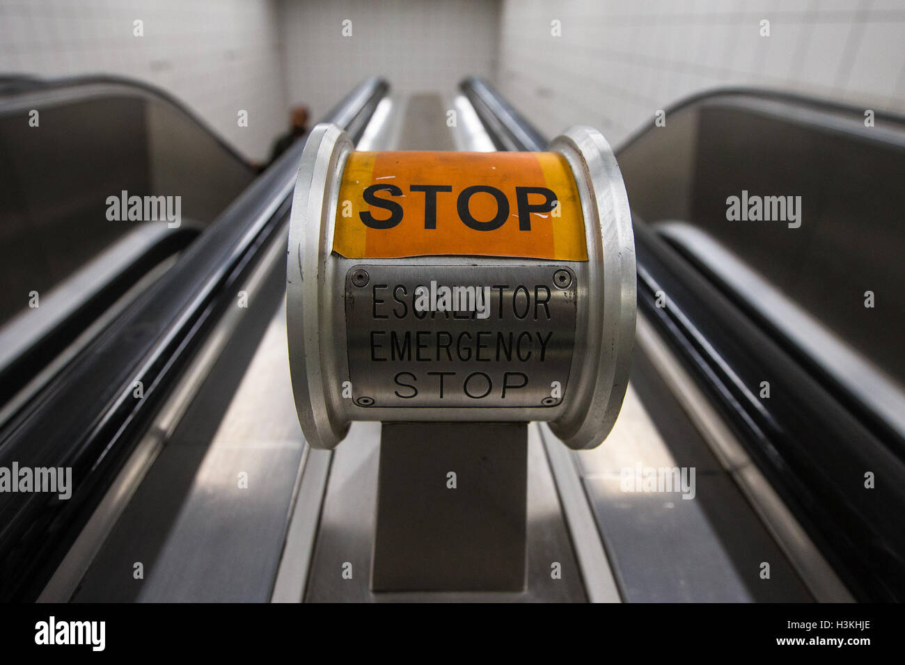 Emergency stop button London underground tube station escalator Stock ...