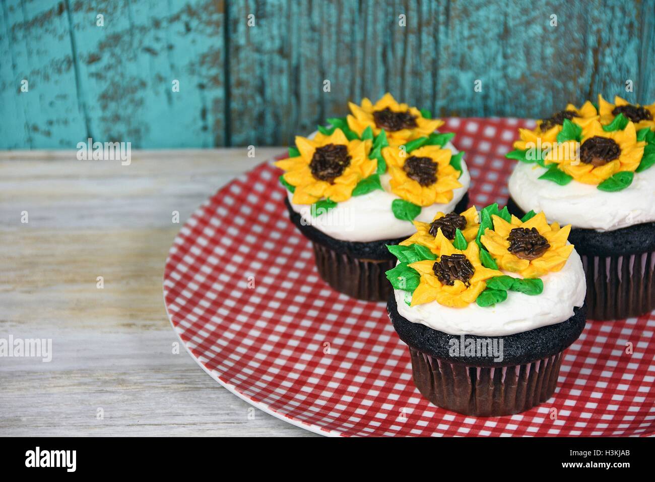 sunflower frosting design on chocolate cupcakes Stock Photo - Alamy