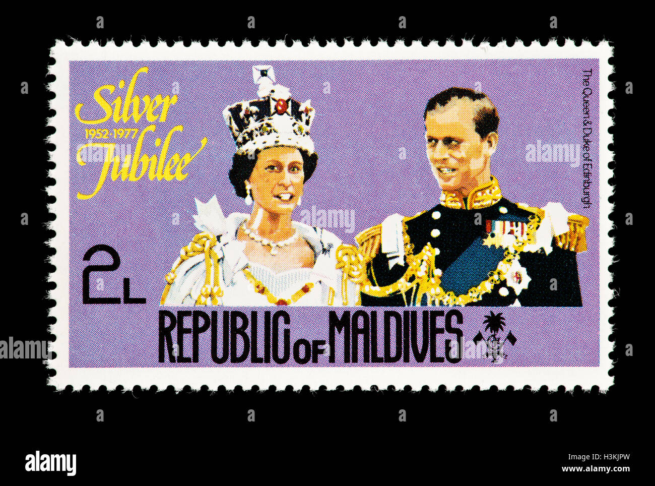 Postage stamp from the Maldives depicting Queen Elizabeth II and Prince ...