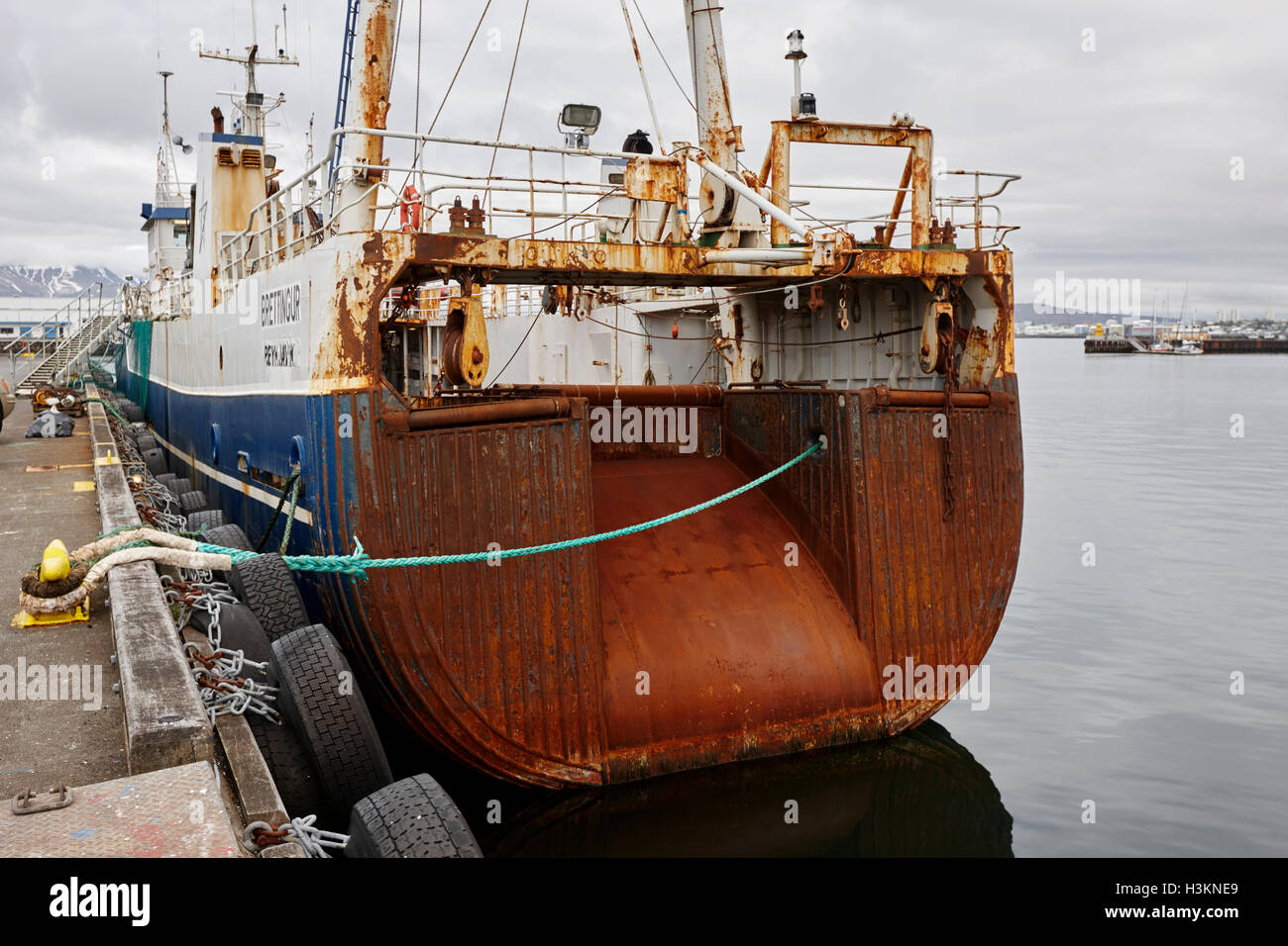 rear stern ramp of brettingur fishing trawler Iceland Stock Photo - Alamy