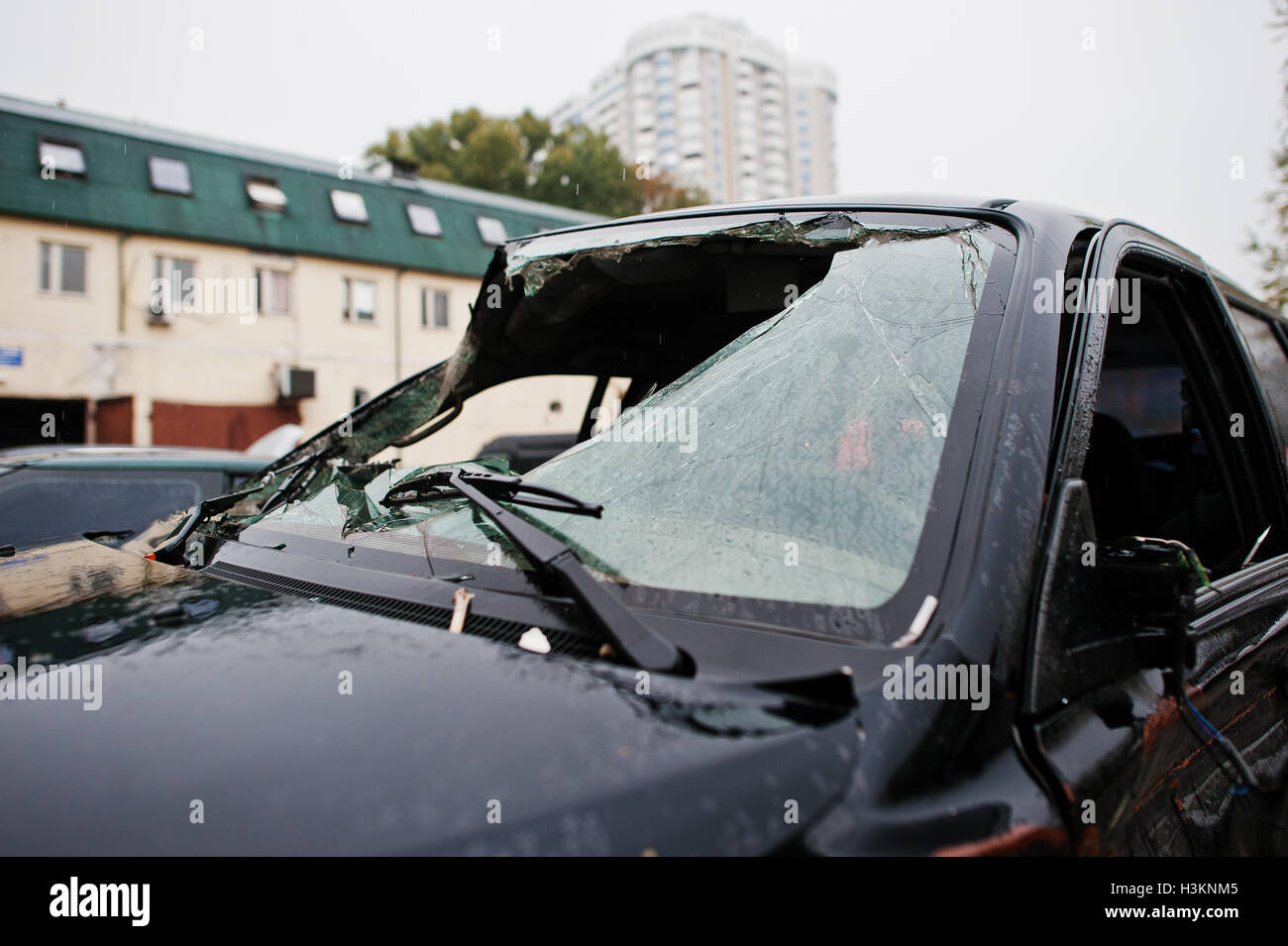 Car after accident. Car windscreen crashed Stock Photo - Alamy