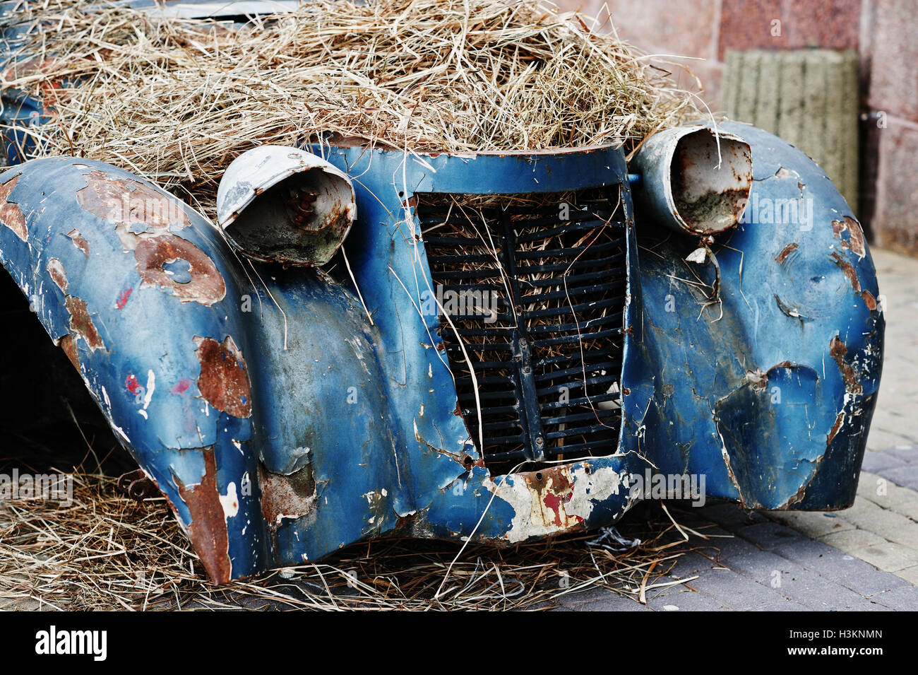 Old abandoned car with hay on engine Stock Photo - Alamy