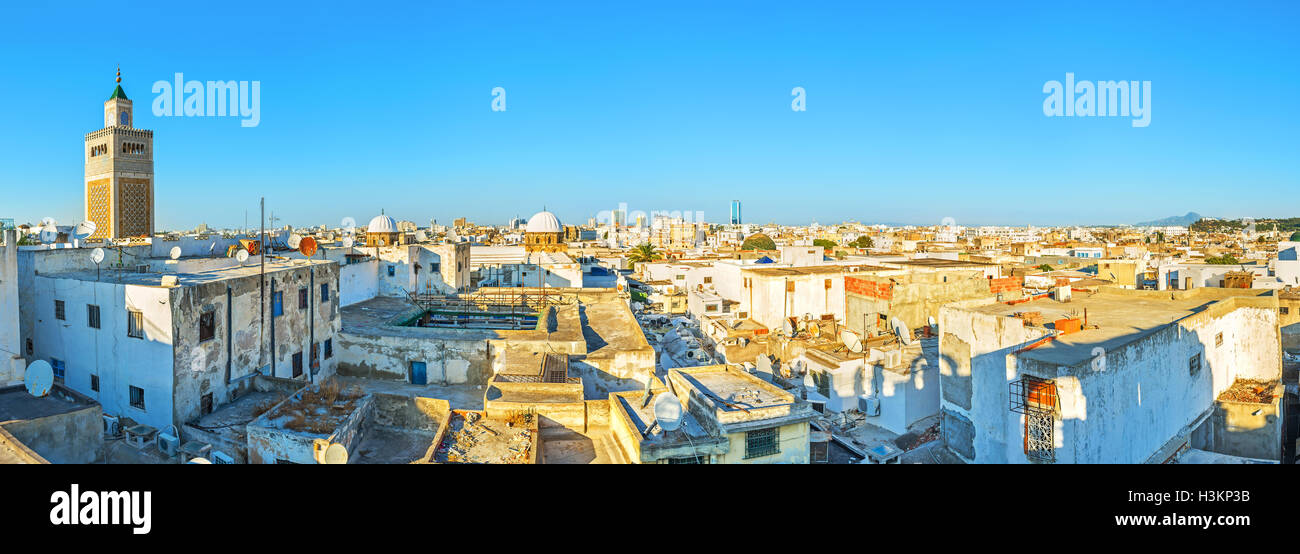 The aerial view of Tunis Medina with the high minaret of the Great ...
