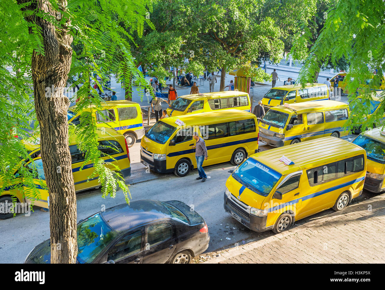 The taxi buses parking on the shady street next to the central railway ...