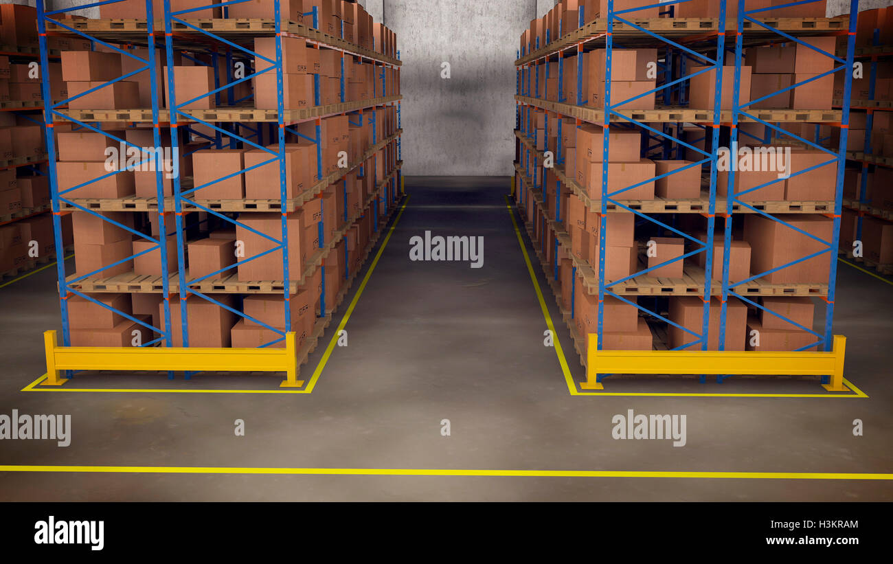 3D render of Warehouse interior with racks and crates Stock Photo - Alamy