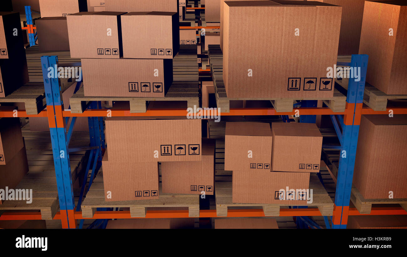 3D render of Warehouse interior with racks and crates Stock Photo - Alamy