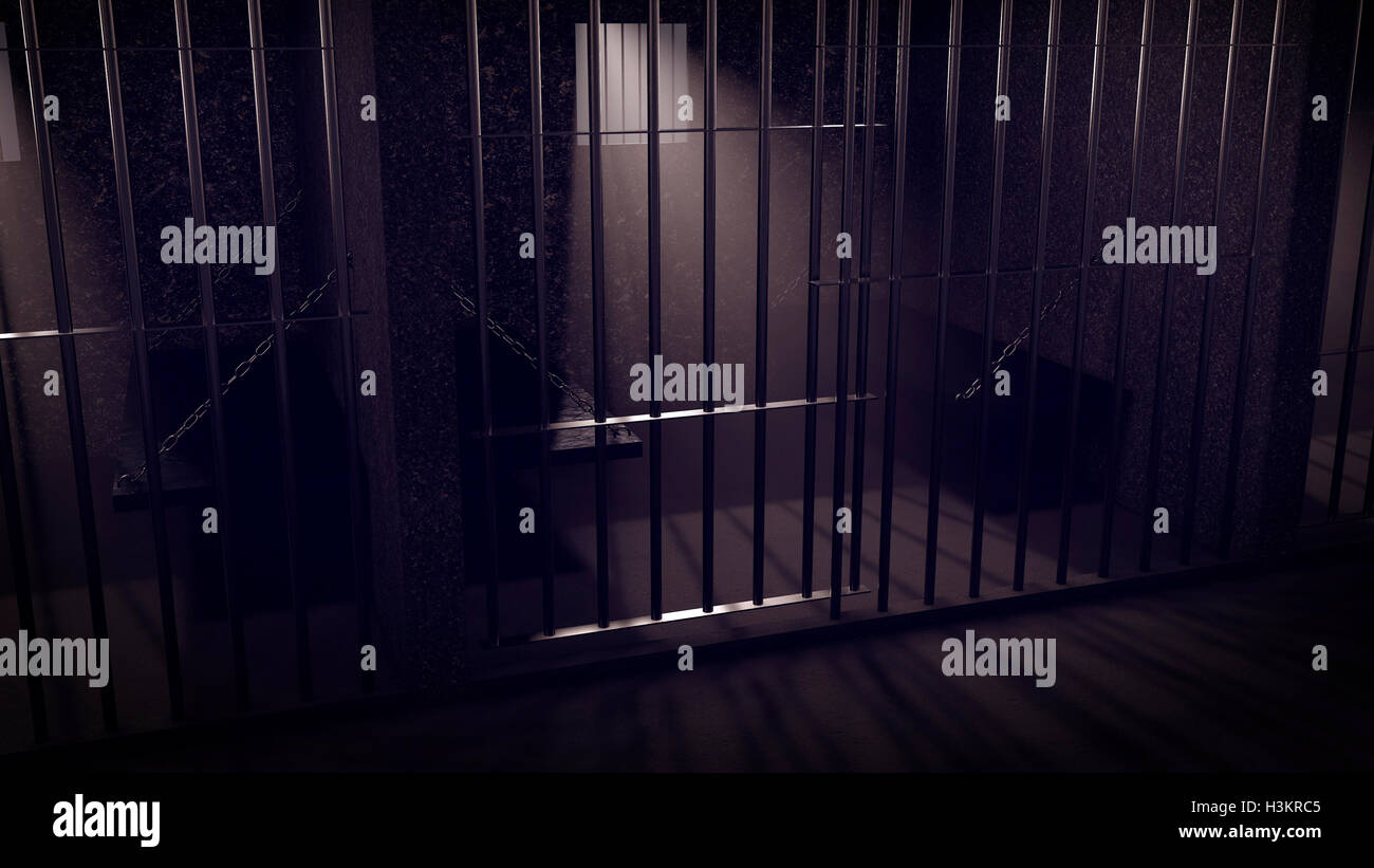 Prison cell interior, sunrays coming through a barred window Stock ...