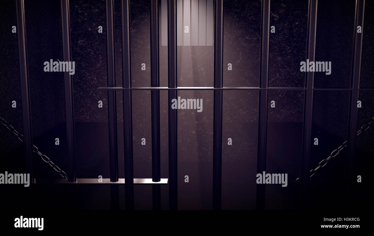 3D Render of locked prison cell for two persons. Dark atmosphere Stock ...