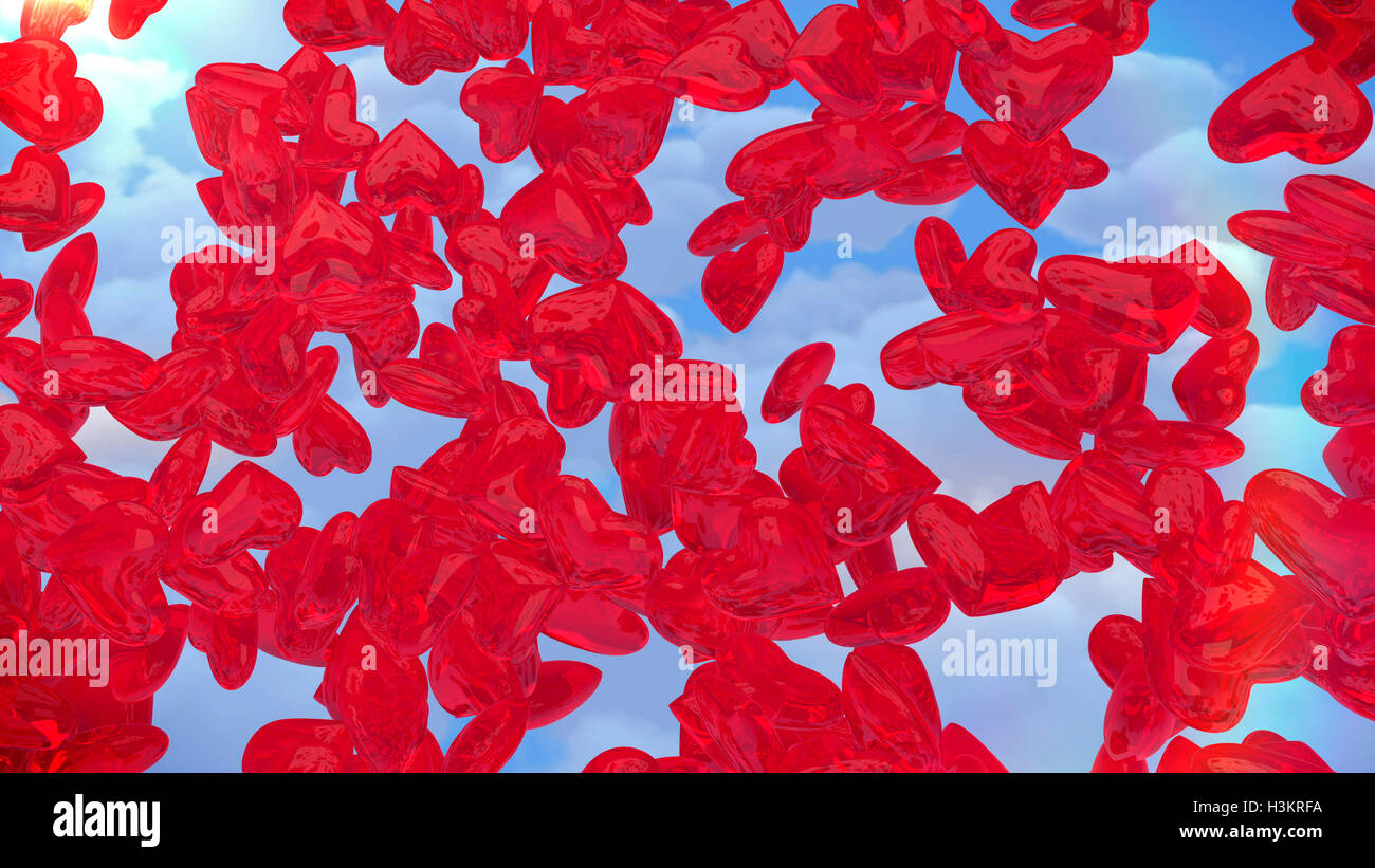 Falling hearts on blue cloudy sky background Stock Photo - Alamy