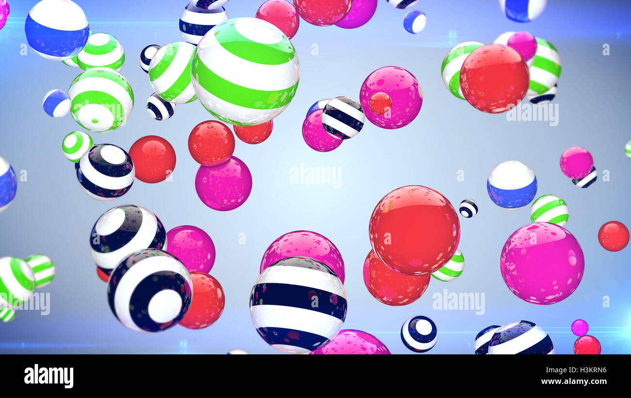 Abstract multicoloured spheres of different size flying on a blue ...