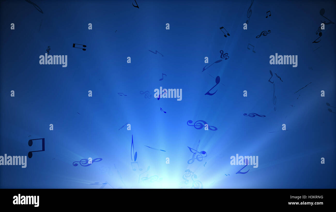 Illustration of Music notes fly out from bottom of screen. Blue Color ...
