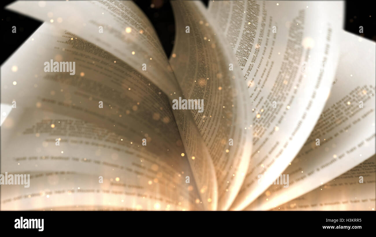 open book with turning pages and flying fairy dust against a black ...