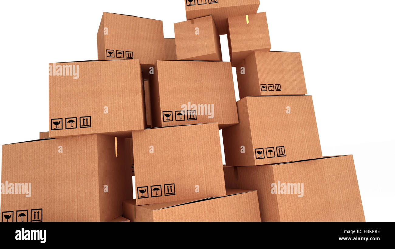 Stacks of cardboard boxes isolated on white background closeup Stock ...