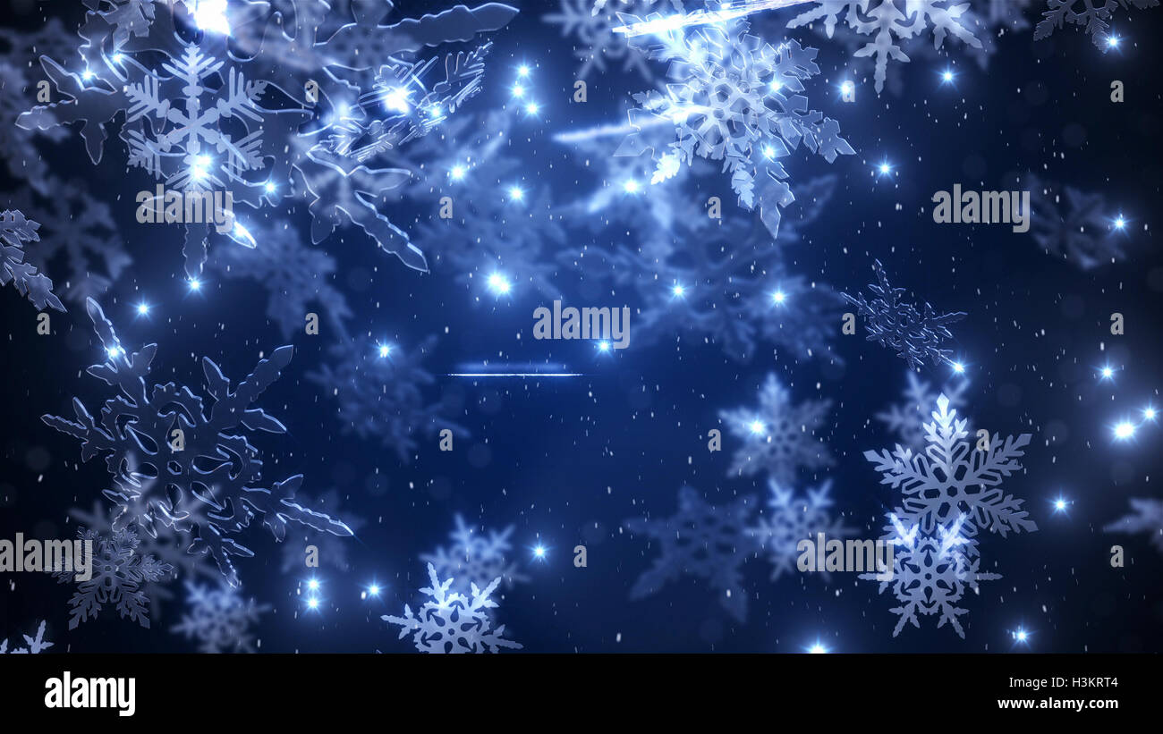 Snowfall with a falling fluffy snowflakes at the night sky closeup ...