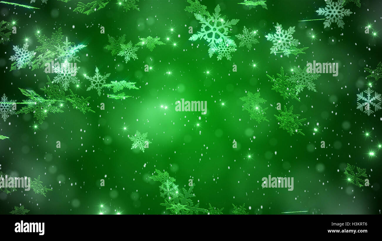 falling snow beautiful snowflakes and bright stars against a green ...