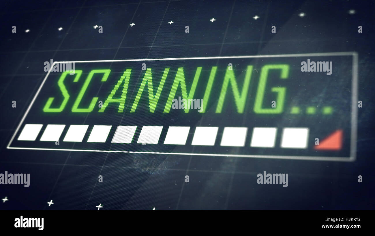 3D rendering of SCANNING... title on screen. Technology background ...