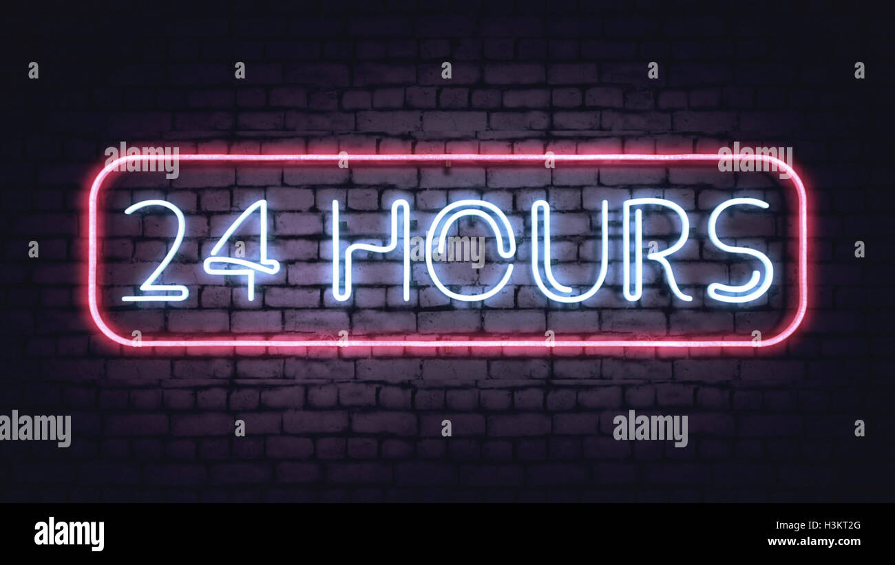 Neon 24 HOURS sign on a white brick wall. Illustration Stock Photo - Alamy