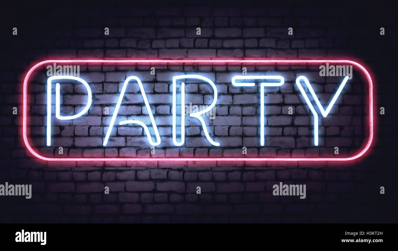 Neon PARTY sign on a white brick wall. Illustration Stock Photo - Alamy