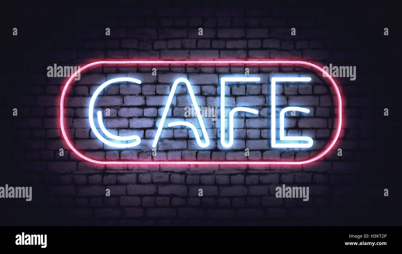 Neon CAFE sign on a white brick wall. Illustration Stock Photo - Alamy