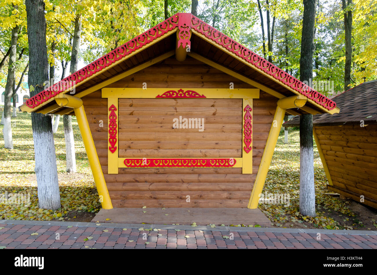 Poster mock up of street market empty wooden stall on sidewalk. Autumn ...