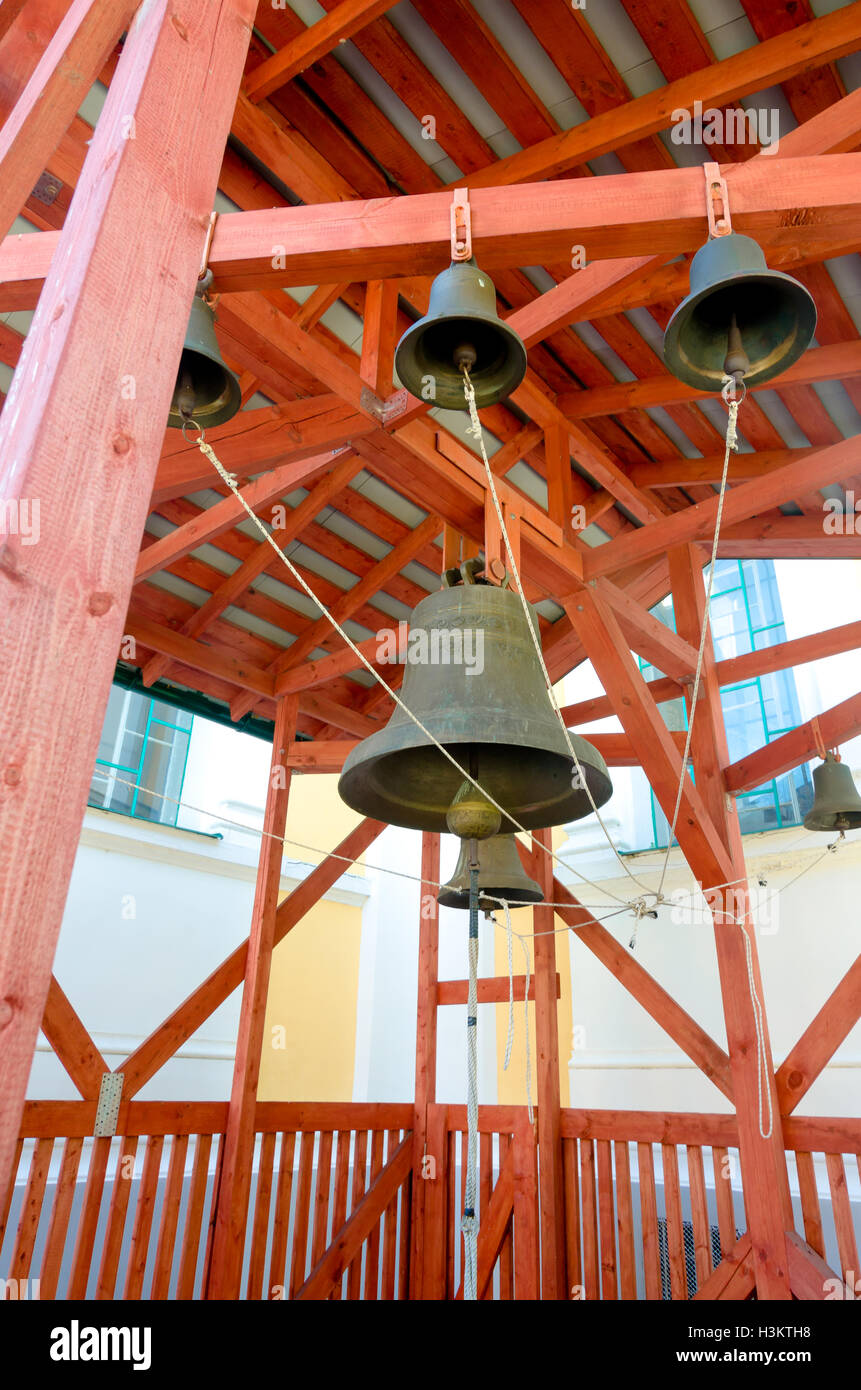 Many church bells in old building inside the Zaraysk Kremlin wall in ...