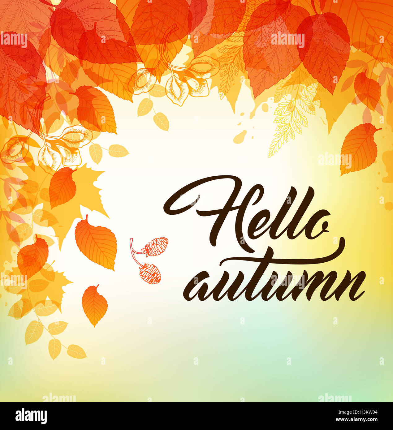 Autumn background with orange and yellow falling leaves. "Hello autumn ...