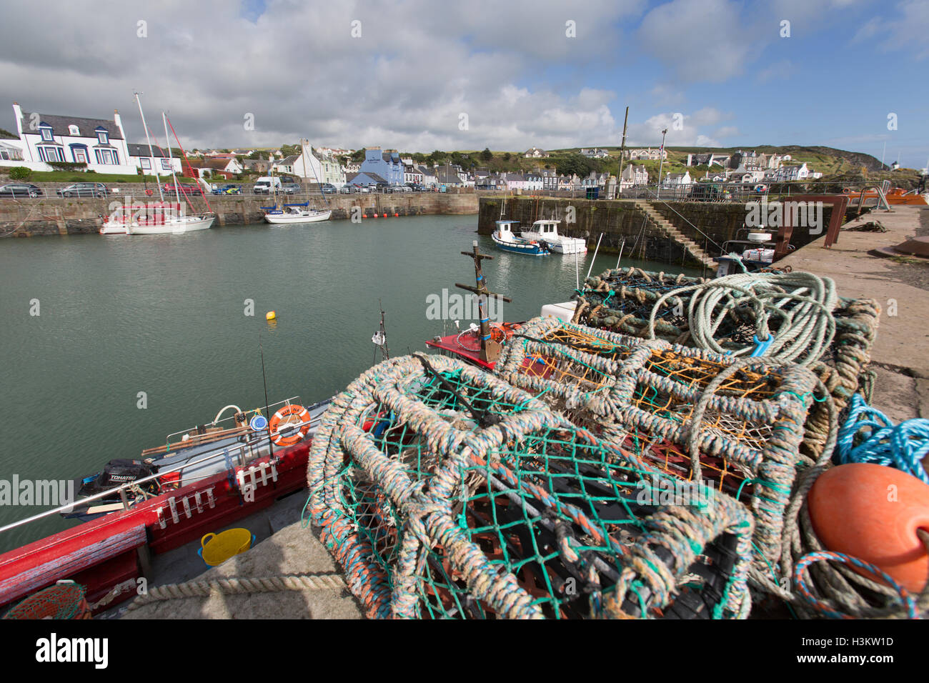 Portpatrick, Scotland. Picturesque view of lobster pots at Portpatrick ...