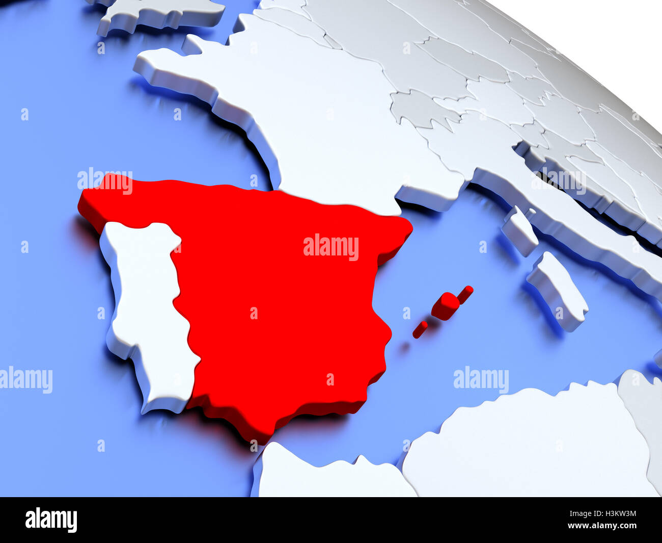 Map of Spain on elegant silver 3D globe with blue oceans. 3D ...