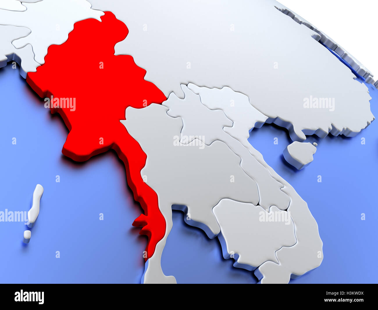 Map of Myanmar on elegant silver 3D globe with blue oceans. 3D ...