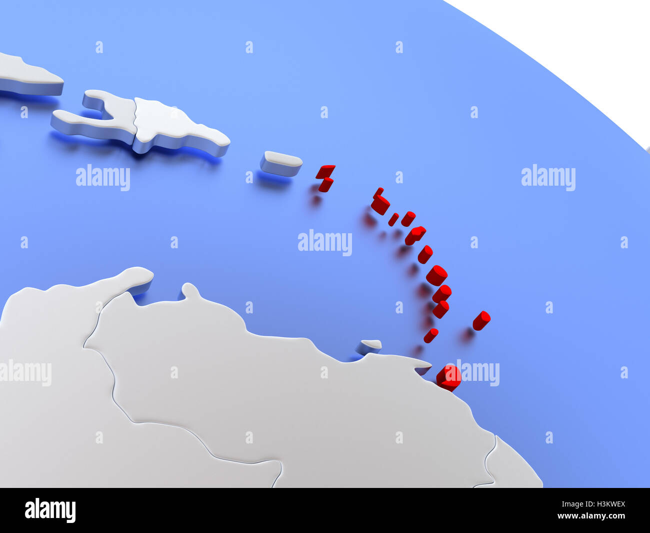 Map of Caribbean on elegant silver 3D globe with blue oceans. 3D ...