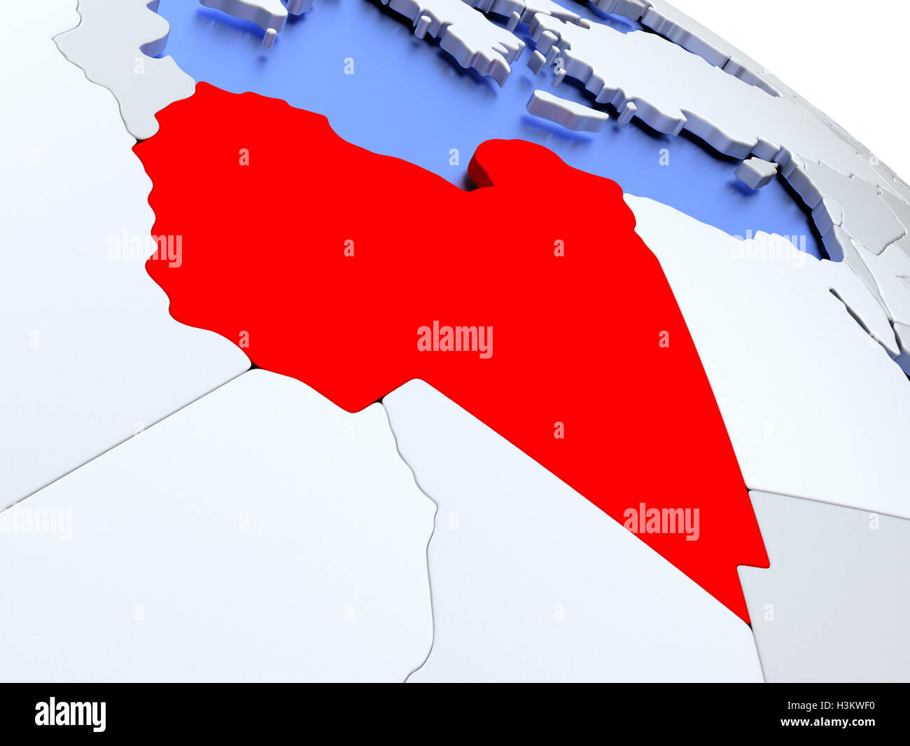 Map of Libya on elegant silver 3D globe with blue oceans. 3D ...