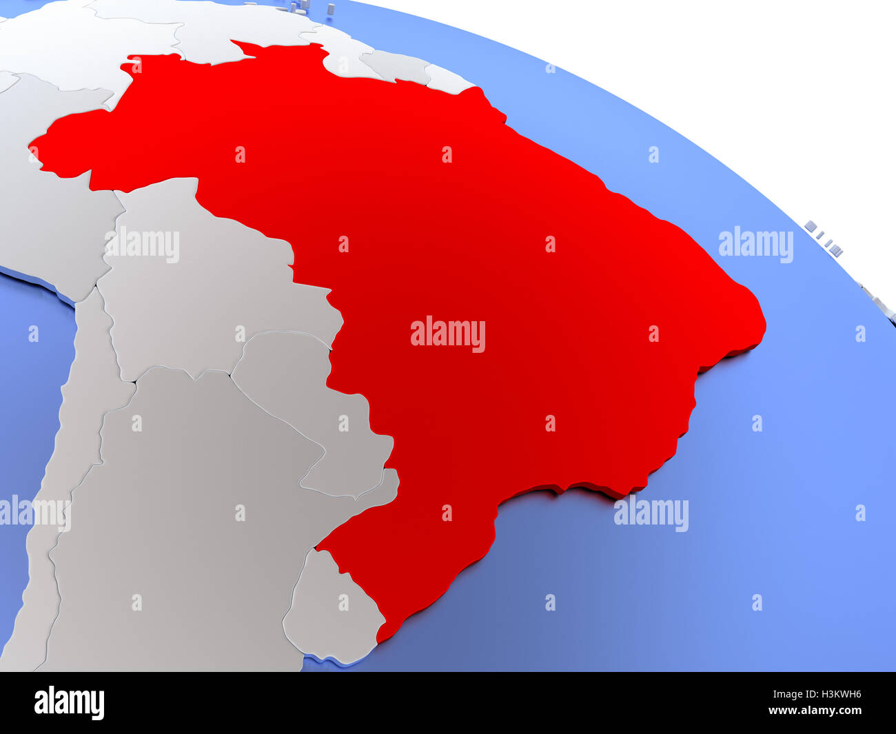 Map of Brazil on elegant silver 3D globe with blue oceans. 3D ...