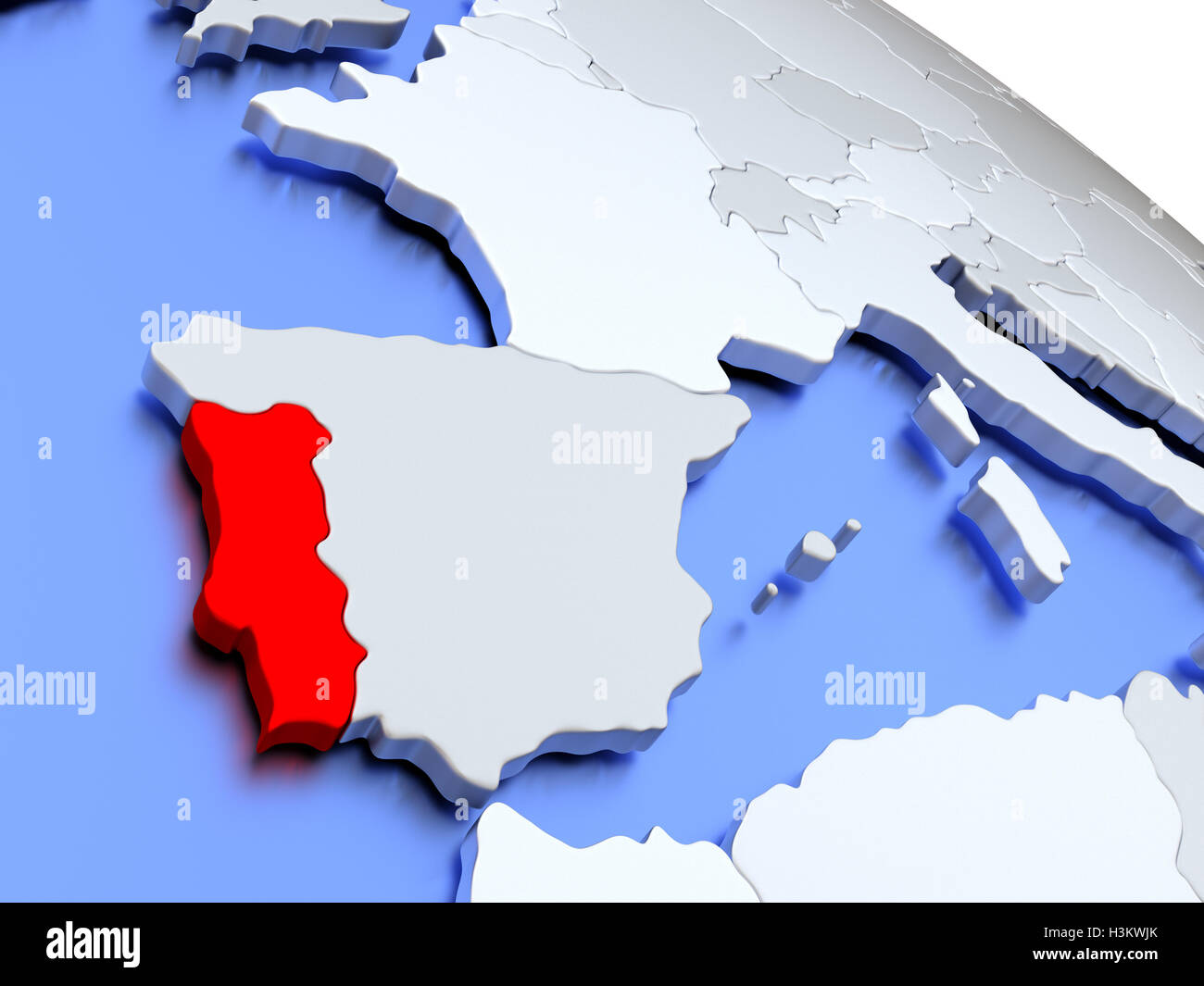 Map of Portugal on elegant silver 3D globe with blue oceans. 3D ...